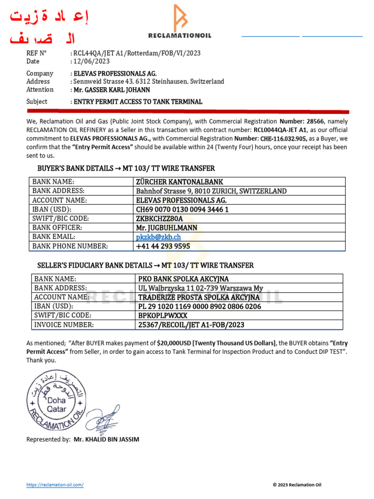 Entry Permit Access for Jet A1 Transaction | PDF | Wire Transfer ...