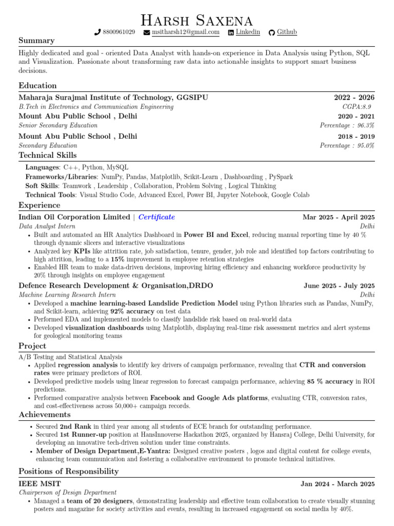 Harsh Saxena Resume | PDF | Data Analysis | Analytics