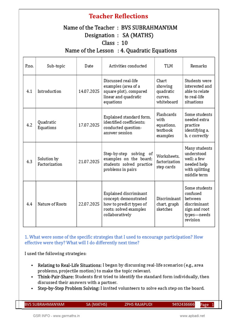 10th Quadratic Equations Teacher Reflections | PDF | Quadratic Equation ...