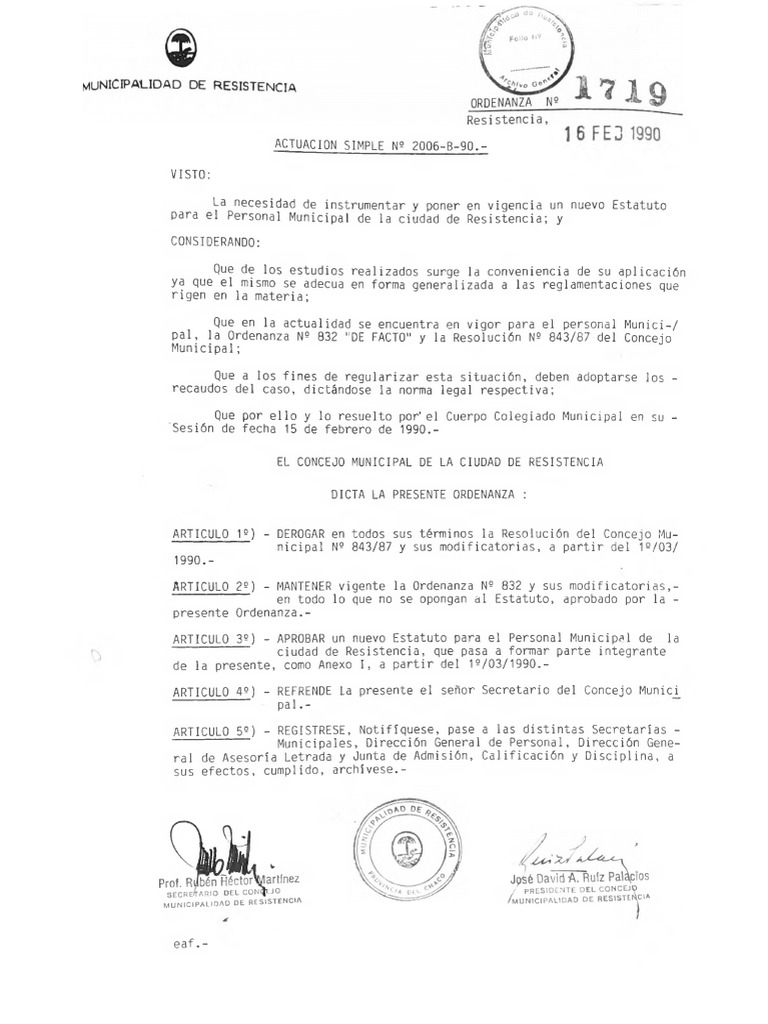 Ordenanza Municipal N° 1719 | PDF | Jubilación | Tiempo de trabajo