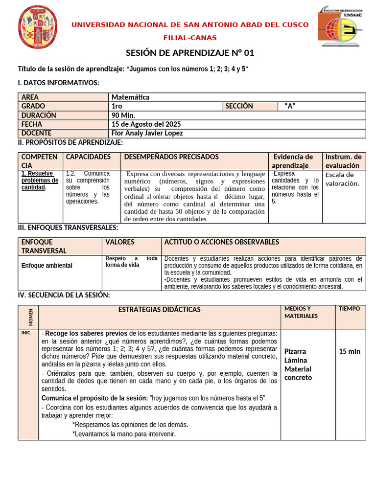 sesion JUGAMOS CON LOS NUMEROS ANALY.J.L | PDF | Aprendizaje | Ciencia ...