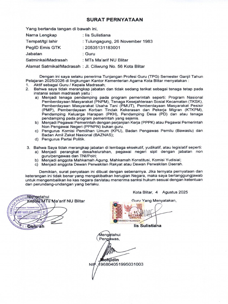 1.surat PernyataanSPTJM MTS 25 IIS | PDF