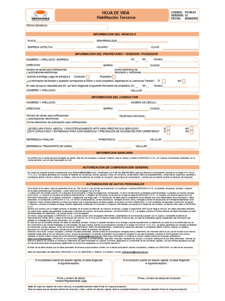 FO-RI-01 Hoja de Vida Habilitación de Terceros (2) | PDF