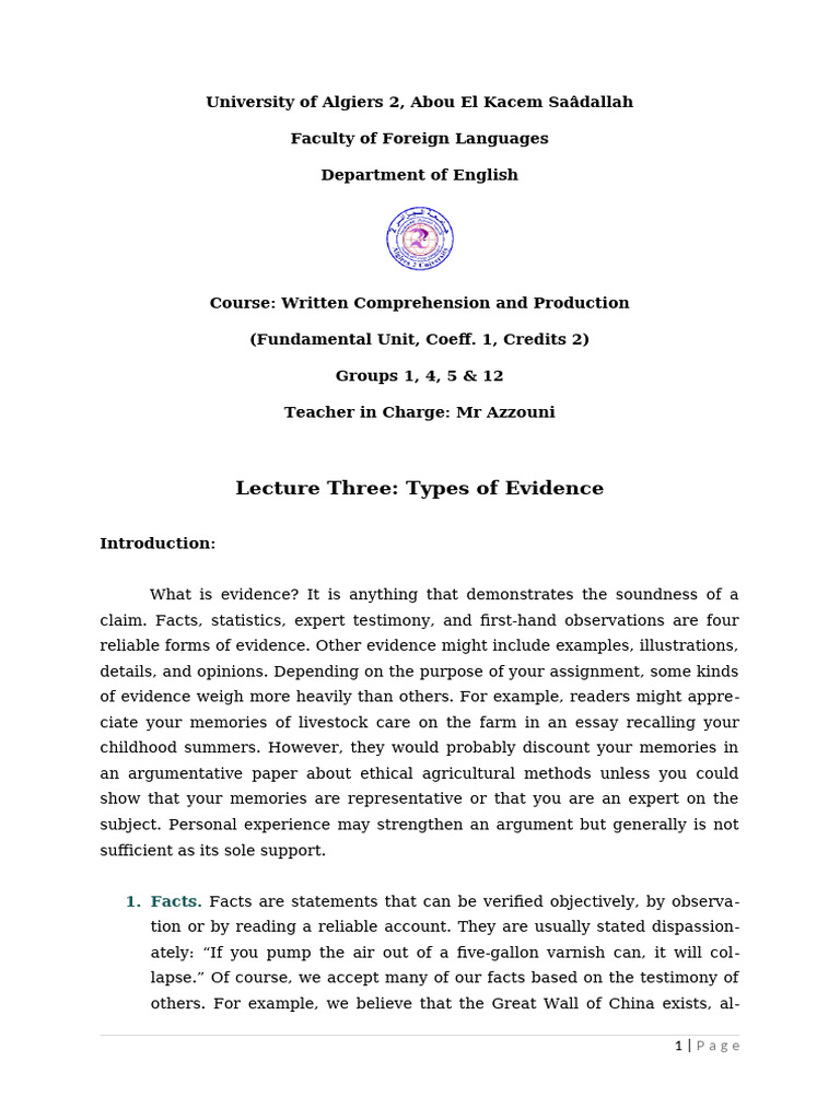 (2023-2024), S5. Lecture 3 - Types of Evidence | PDF | Evidence ...