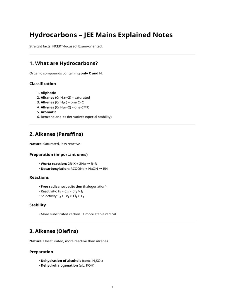 Hydrocarbons - Jee Mains Explained Notes | PDF | Alkene | Hydrocarbons