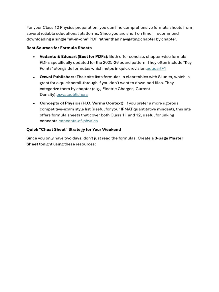 Essential Class 12 Physics Formula Sheets | PDF