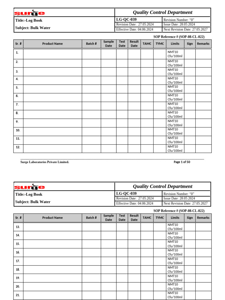 Bulk Water Quality Control Log Book | PDF | Chess Theory | Chess