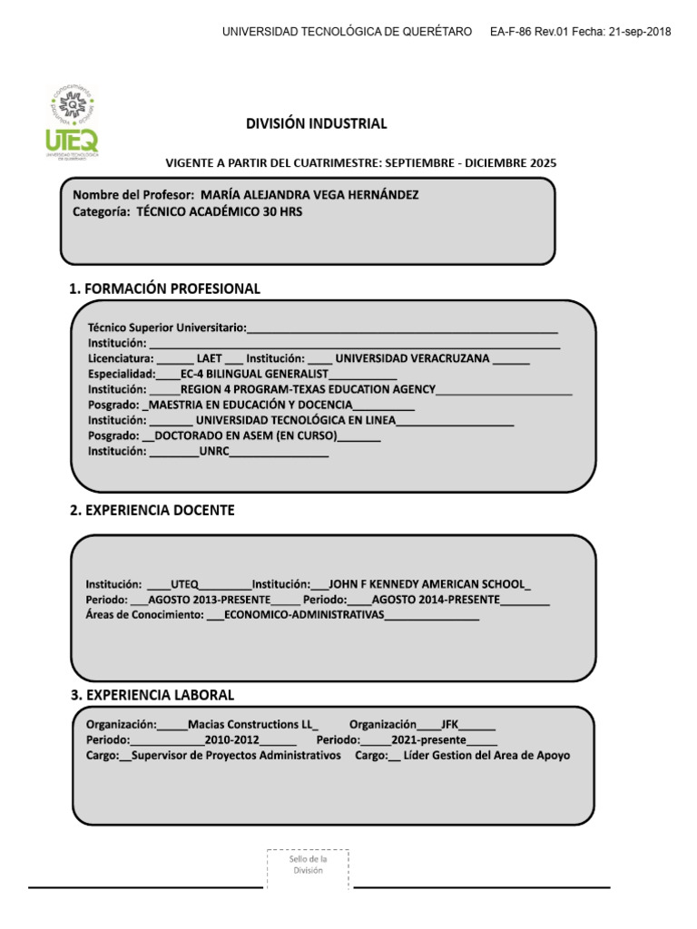 86 PERFIL DEL PROFESOR Rev. 01 SEP 2025 - Hoja4 | PDF | Ingeniería | Ingeniería Industrial