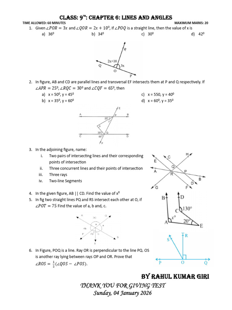 Class 9 Lines and Angles Test Paper | PDF