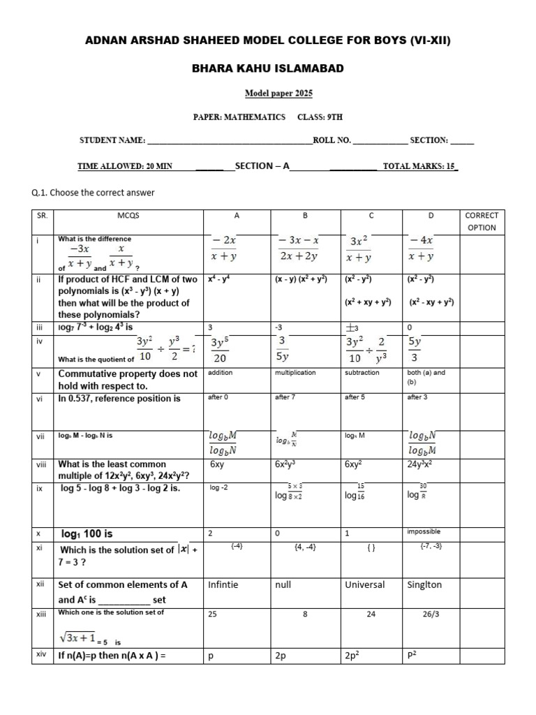 Math 9 Model Paper | PDF | Zero Of A Function | Mathematical Analysis