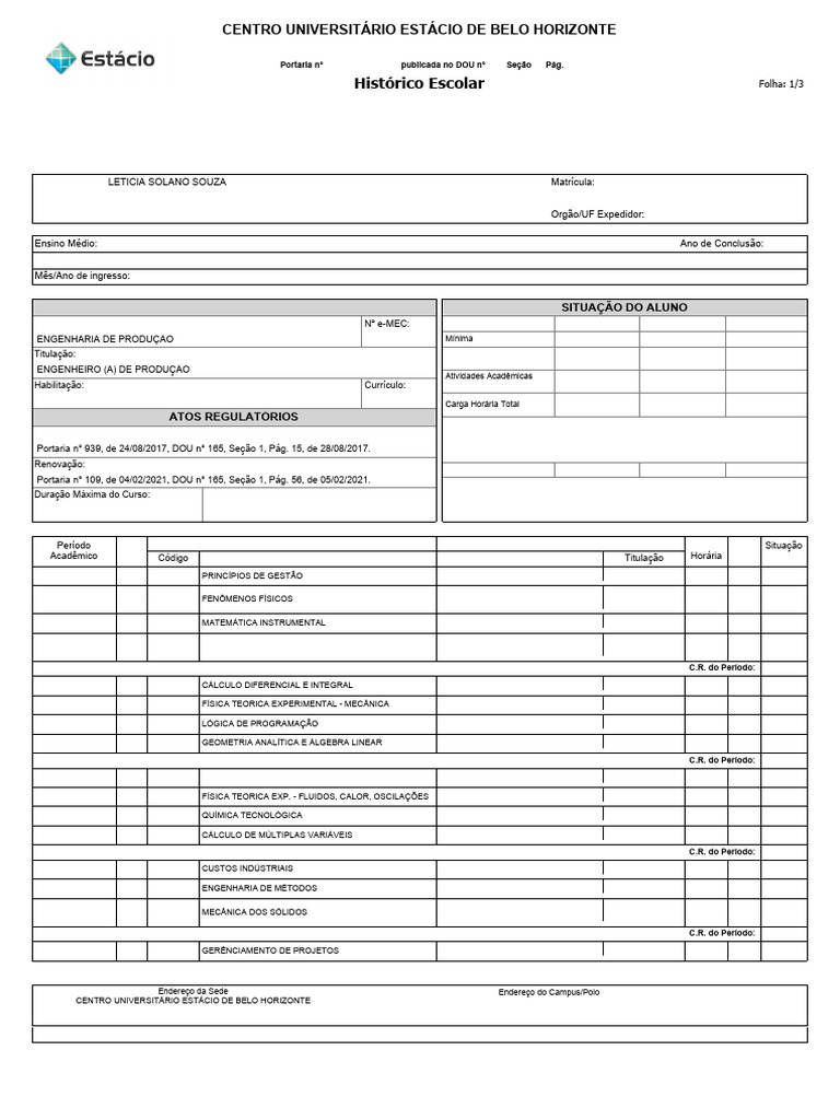 Histório Escolar - Letícia Solano | PDF | Science