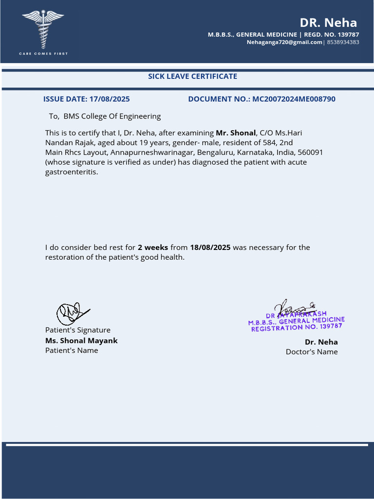 Sick Leave Certificate for Gastroenteritis | PDF
