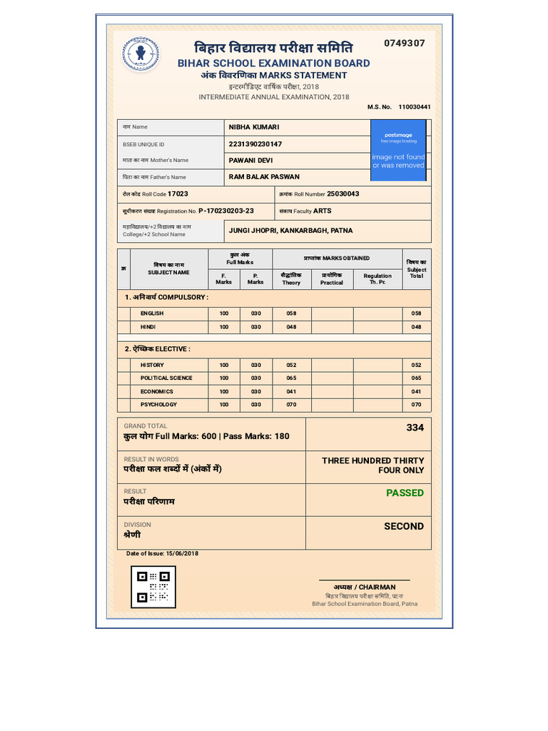 Bihar Board Marksheet | PDF