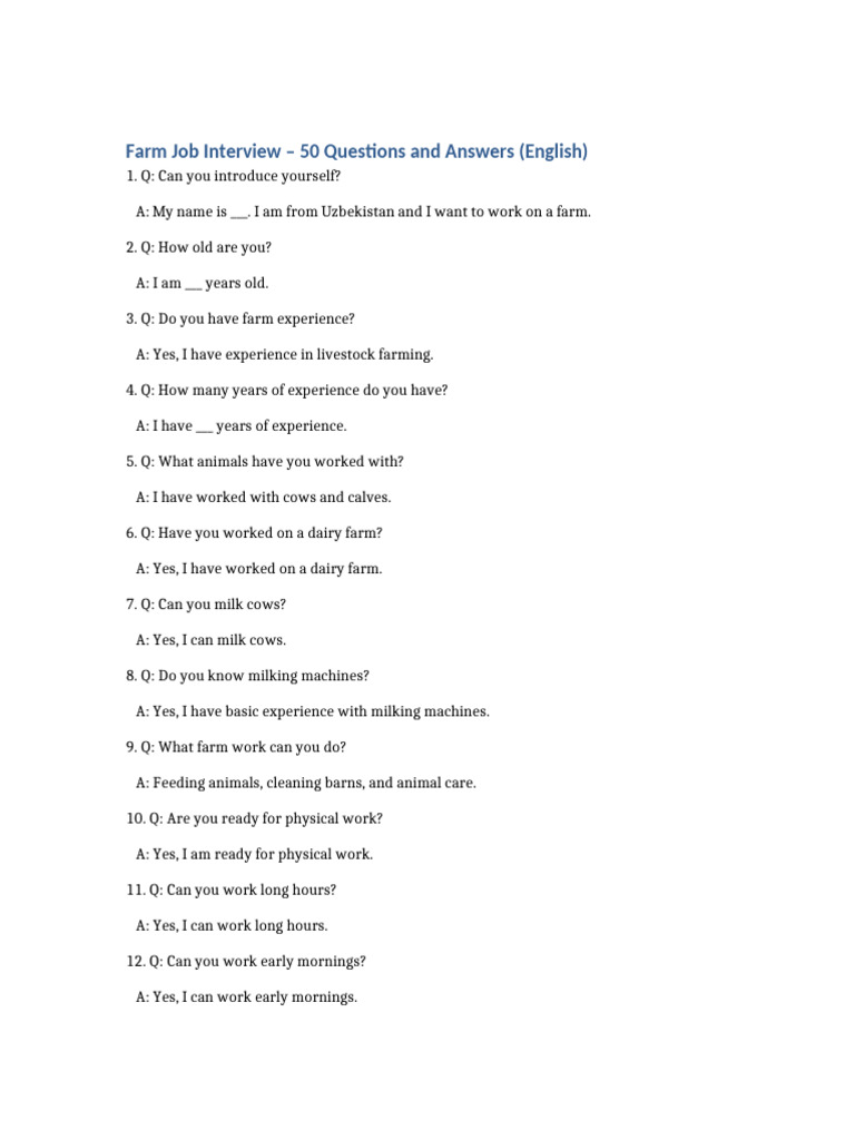 Farm Job Interview Q&A Guide | PDF | Dairy | Dairy Farming