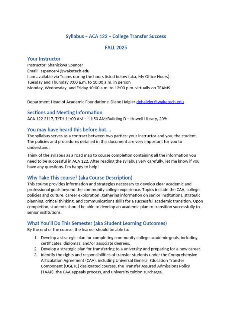 ACA 122 Syllabus: College Transfer Success | PDF | Microsoft Word