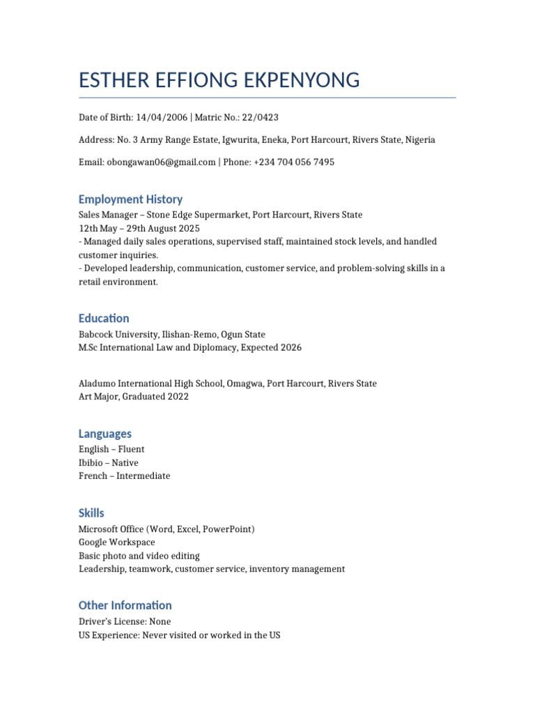 Esther Ekpenyong CV and Profile Summary | PDF