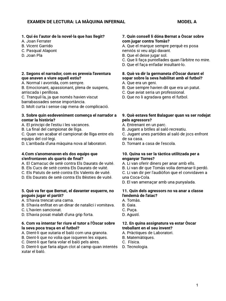 ESO - Control Lectura Test - La Màquina Infernal - Joan Pla | PDF