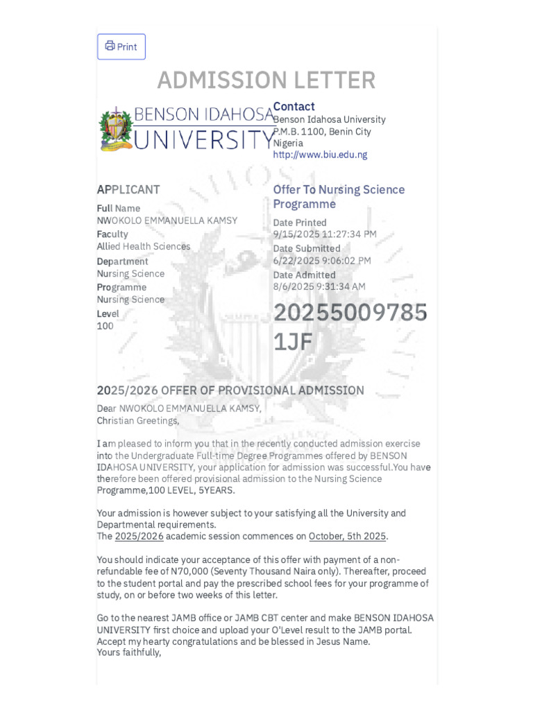 Admission Letter - BIUPortal | PDF