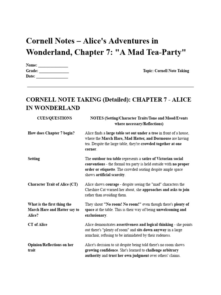 Copy of Cornell Notes – Alice's Adventures in Wonderland, Chapter 7_ _A ...
