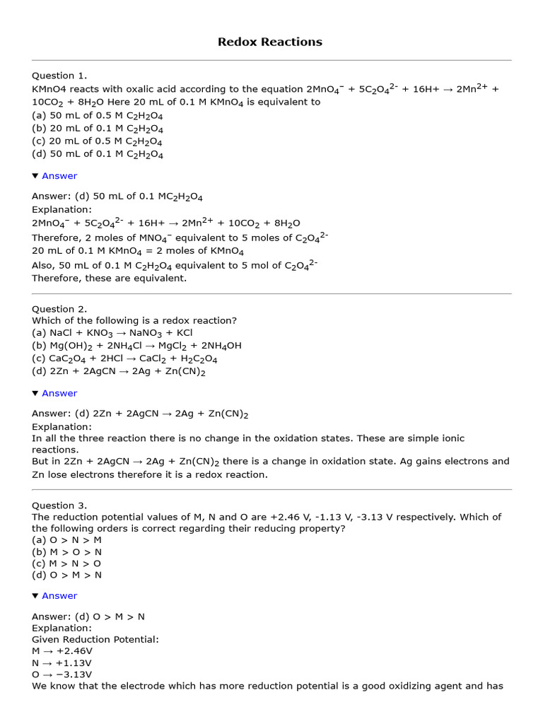Understanding Redox Reactions and Calculations | PDF | Redox | Ion
