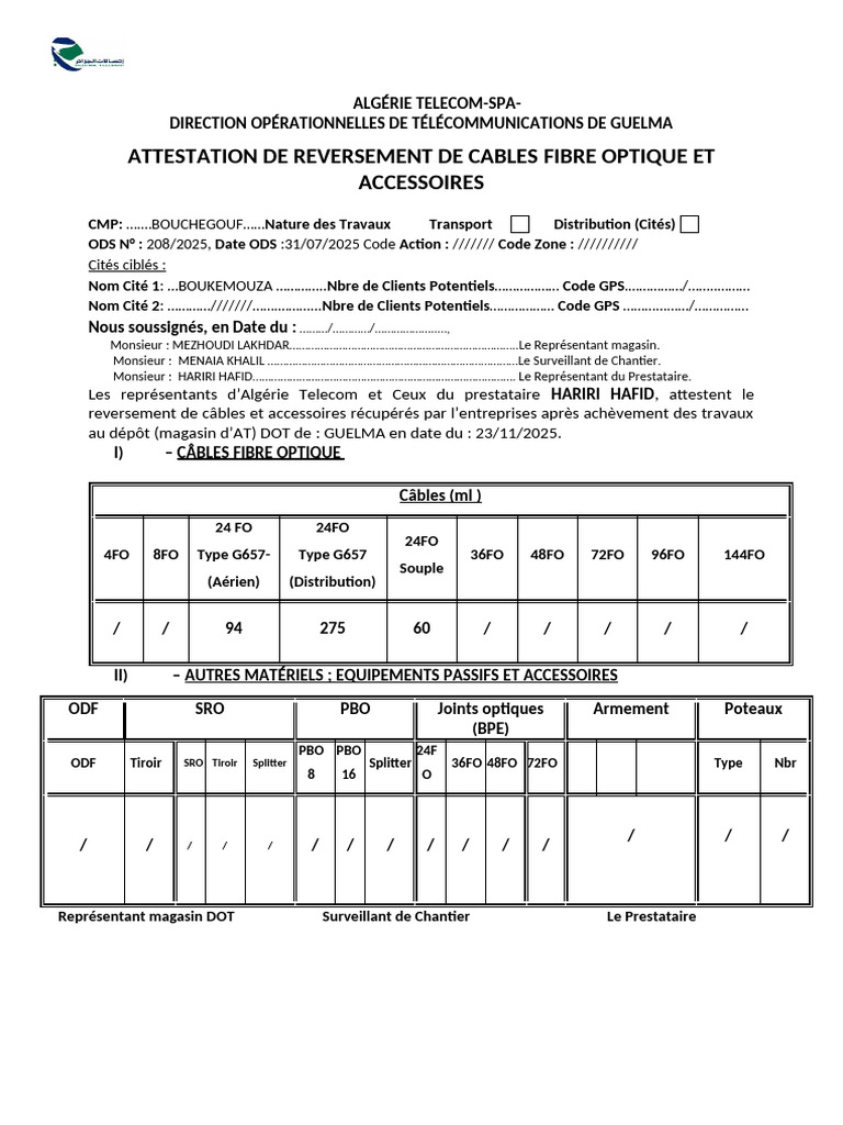 Attestation de Reversement de Câbles Optiques | PDF ...