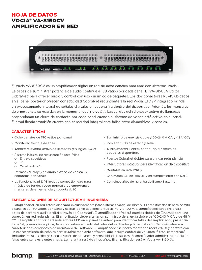 Biamp Data Sheet Vocia Va-8150cv Feb16 Es-la | PDF | Ingenieria ...
