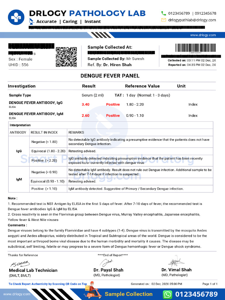 Positive Dengue Fever Test Report Format Example Sample Template Drlogy ...