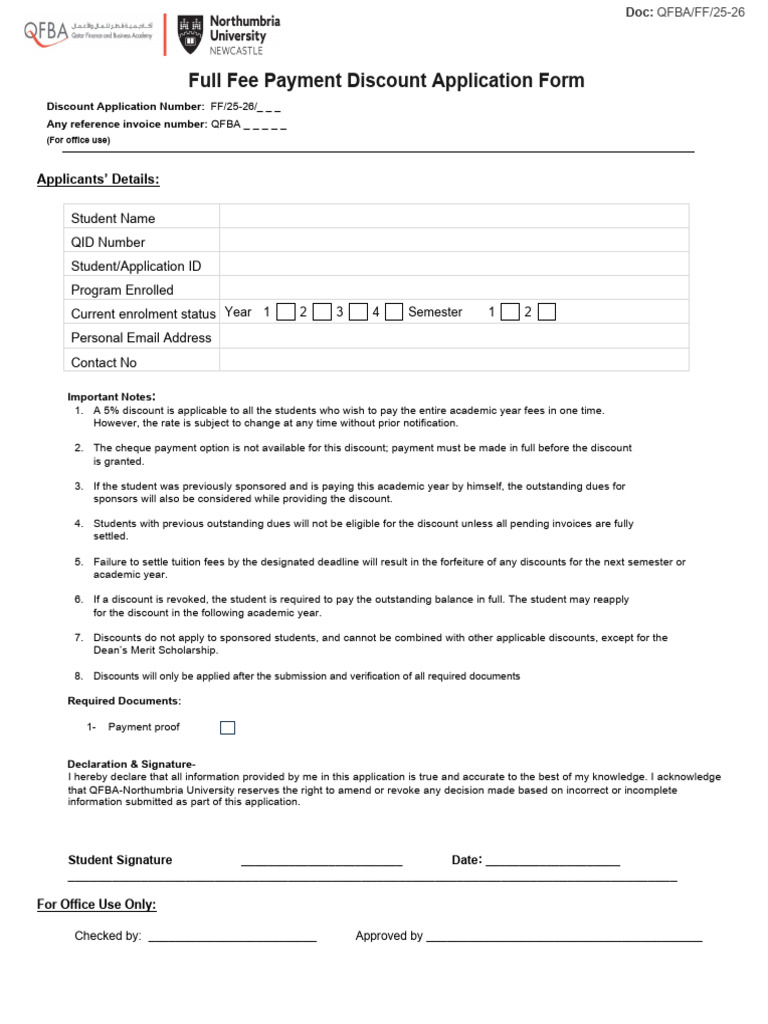 Full Fee Payment Discount Application Form V1 | PDF