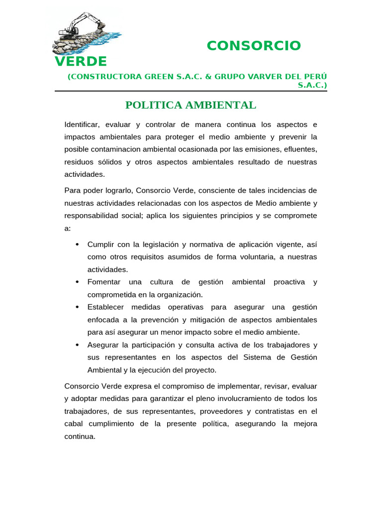 Politica Ambiental Consorcio Verde | PDF