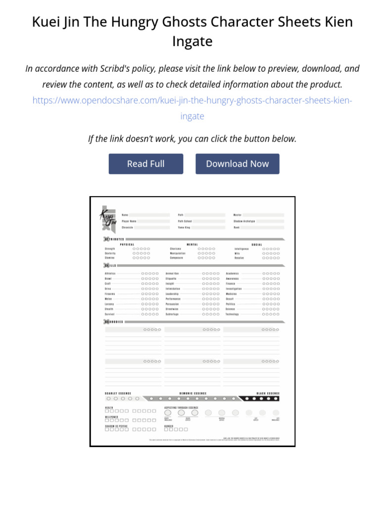 Kuei Jin The Hungry Ghosts Character Sheets Kien Ingate | PDF