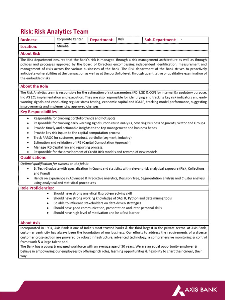 Risk Analytics Team Overview at Axis Bank | PDF | Analytics | Risk