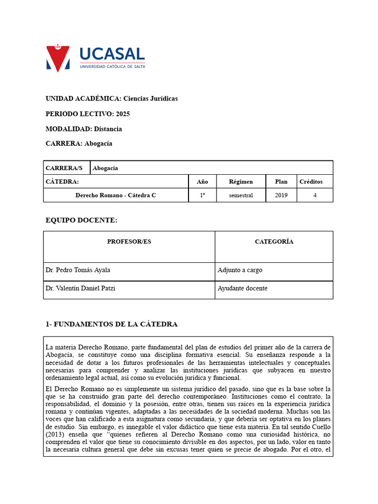 Programa Derecho Romano - Examen Final | PDF | Enseñando | Maestros