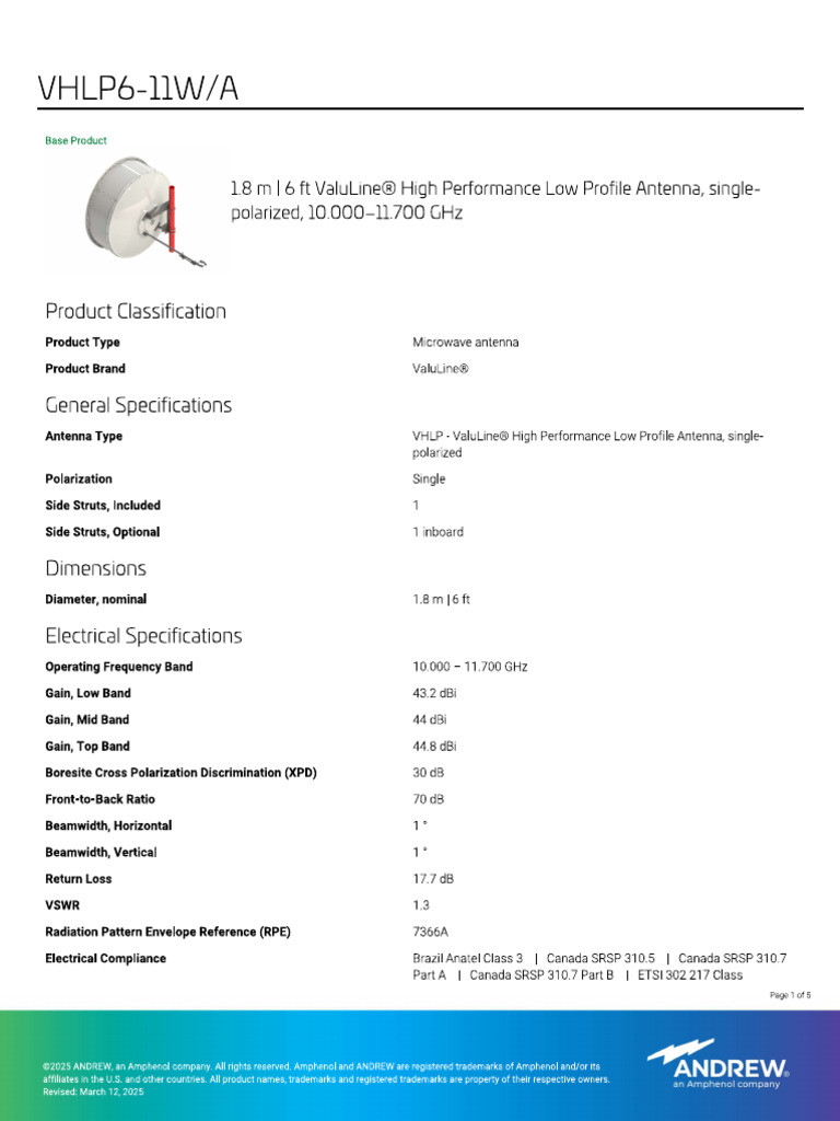 Antena MW Andrew Vhlp6-11w | PDF