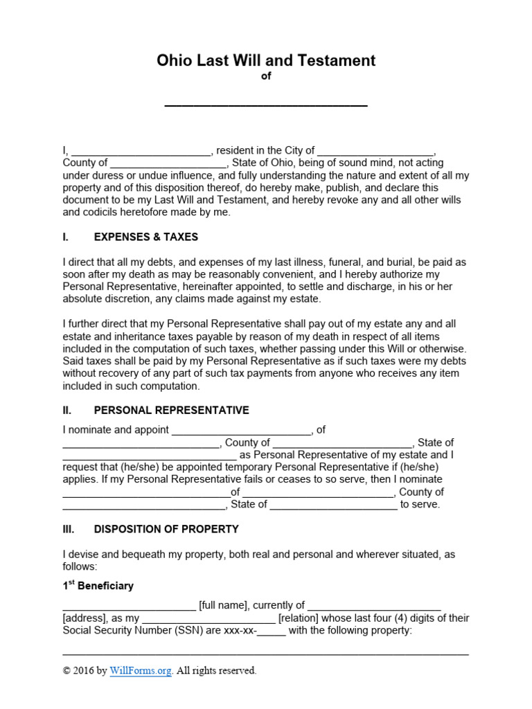 Ohio Last Will and Testament Template | PDF | Will And Testament ...