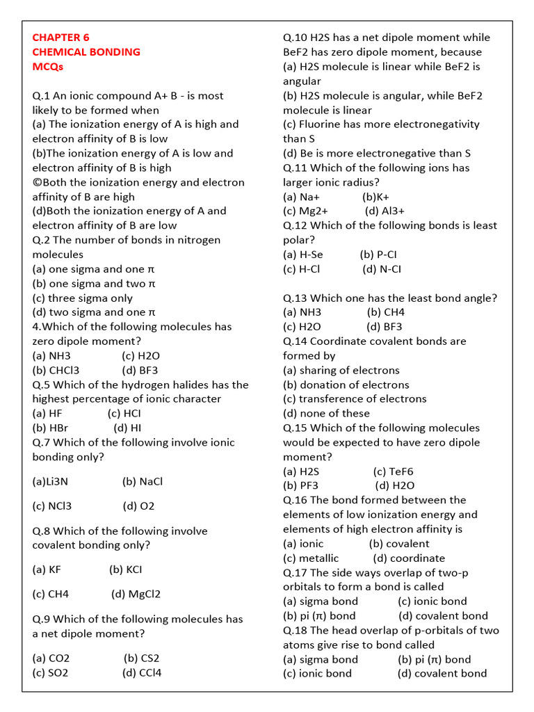 Chemical Bonding MCQs for Students | PDF | Chemical Bond | Ionic Bonding