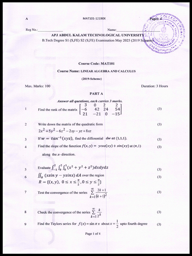 B.Tech MAT101 Linear Algebra Exam 2025 | PDF | Matrix (Mathematics ...