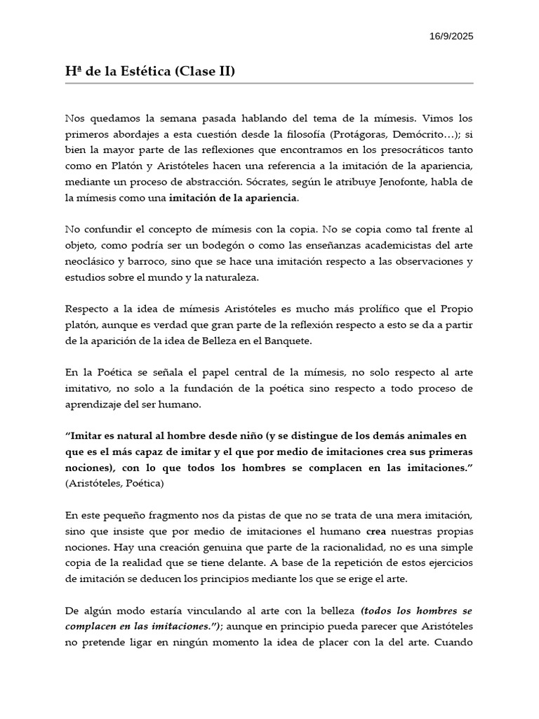 16_9_25 - Hª de la Estética (Clase II) | PDF | Aristóteles | Poesía