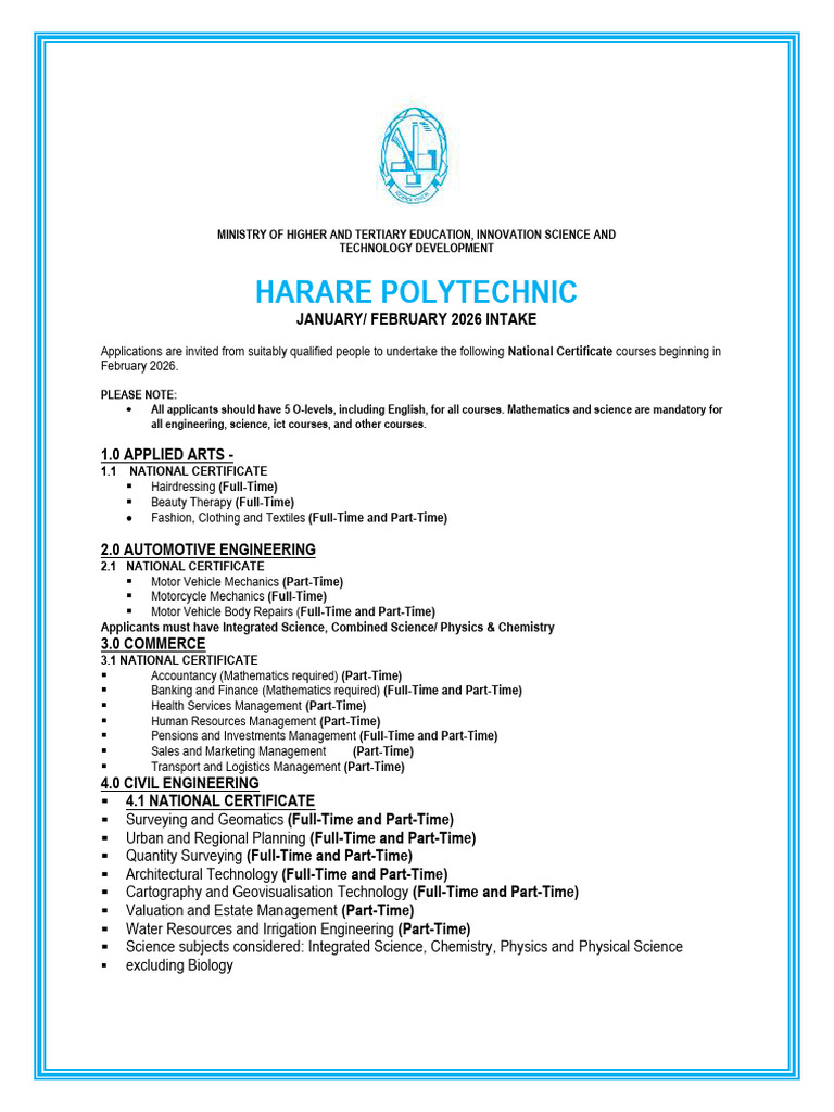 Harare Polytechnic January 2026 Intake | PDF | Engineering | Academic ...