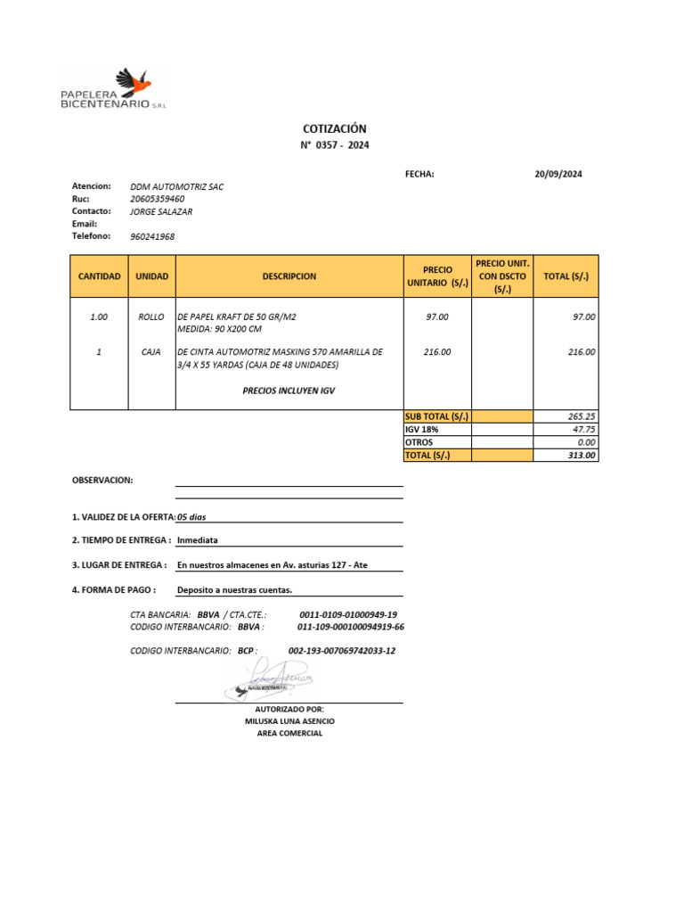 Cotizacion 357-2024 - Ddm Automotriz Sac (1) | PDF