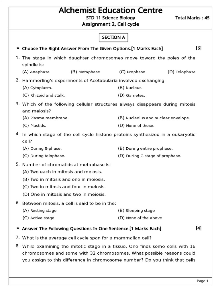 Assignment 02, Cell Cycle Class 11th | PDF | Mitosis | Meiosis