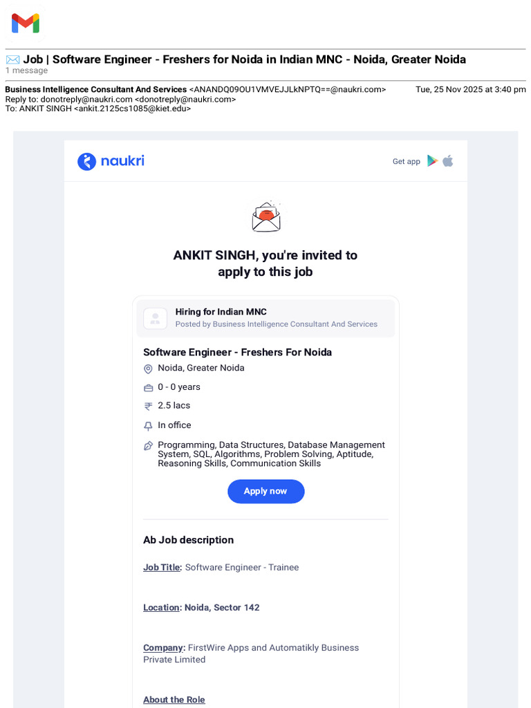Gmail - ️ Job _ Software Engineer - Freshers for Noida i... | PDF