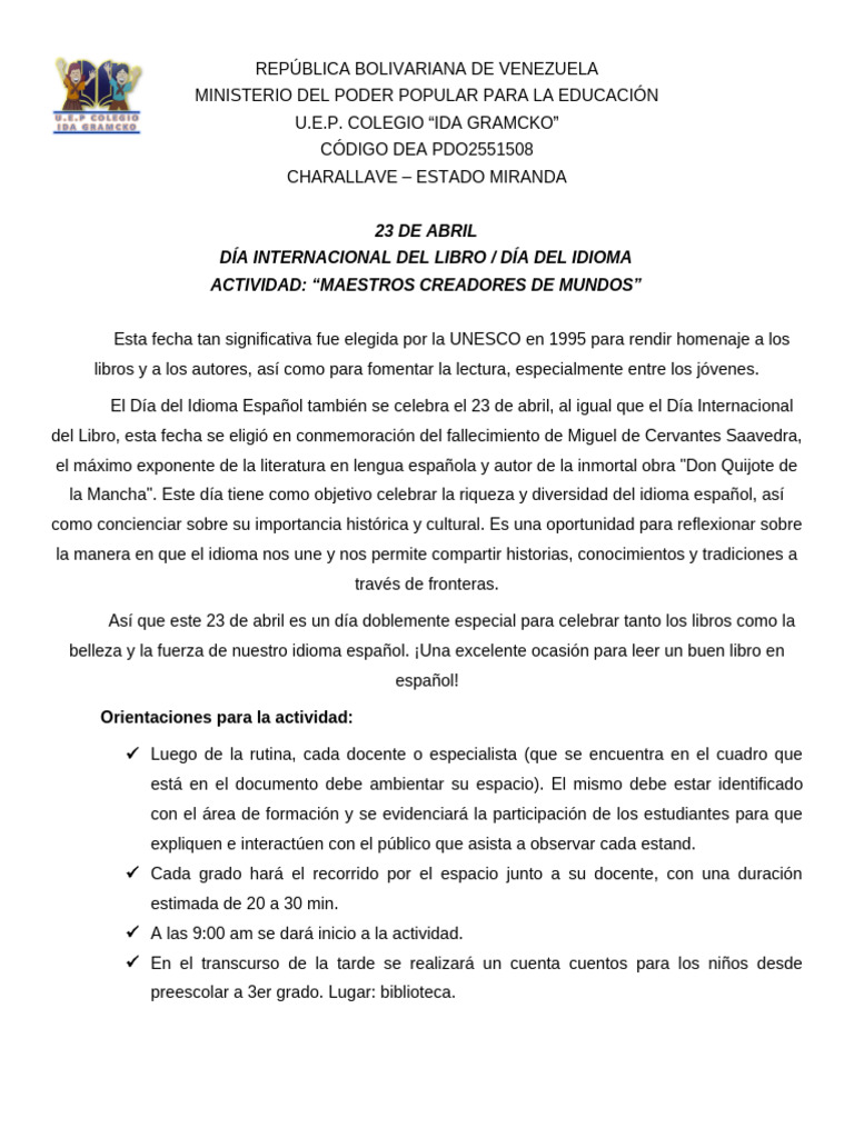 Celebración del Día del Libro y Idioma | PDF | España