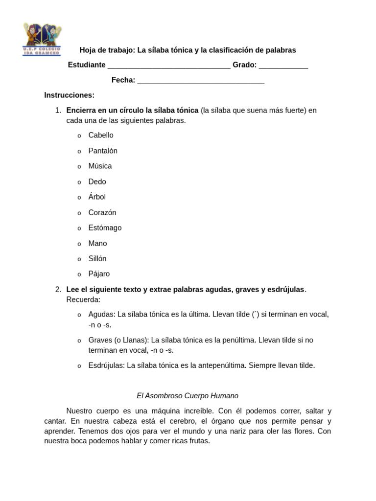 Hoja de Trabajo La Silaba Tonica y Clasificacion de Palabras | PDF