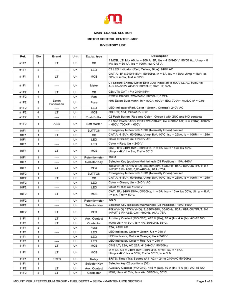 MCC Inventory List for Fuel Depot | PDF | Relay | Mains Electricity