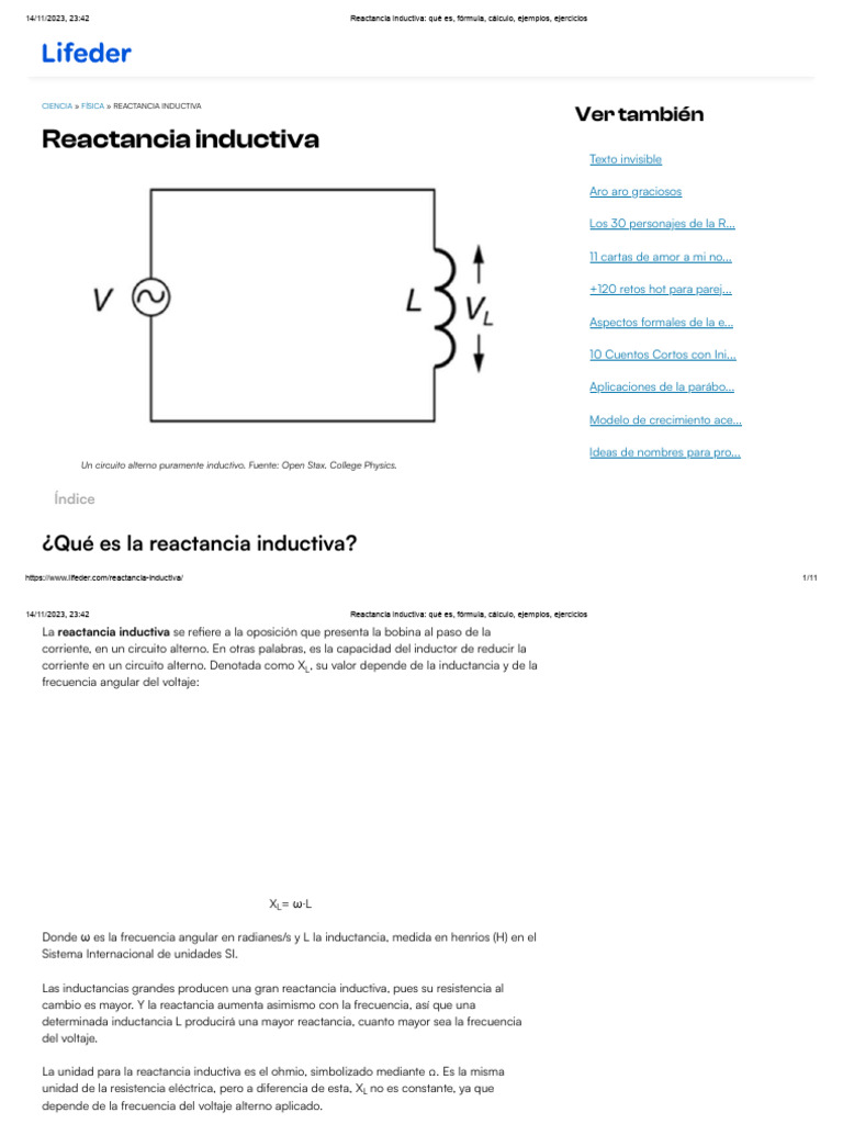 Reactancia Inductiva: Fórmulas y Ejemplos | PDF