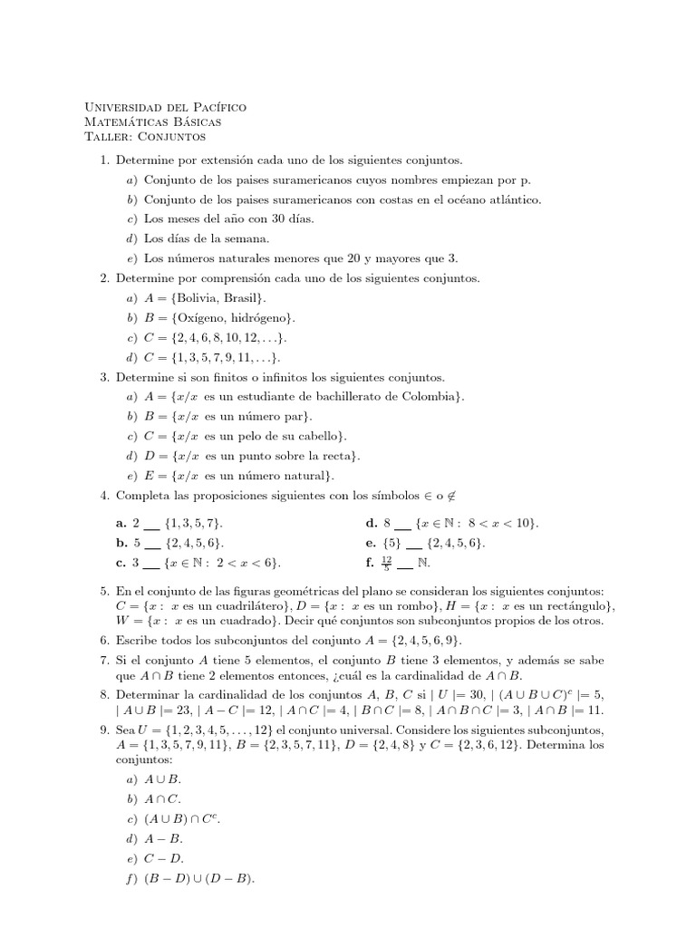 Taller de Conjuntos en Matemáticas Básicas | PDF | Conjunto ...
