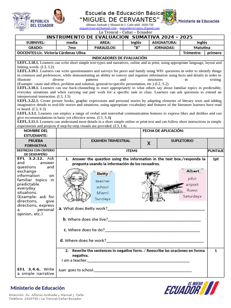 Matriz Evaluación Trimestral Ingles Septimo 1er t Mejora | PDF | Human ...