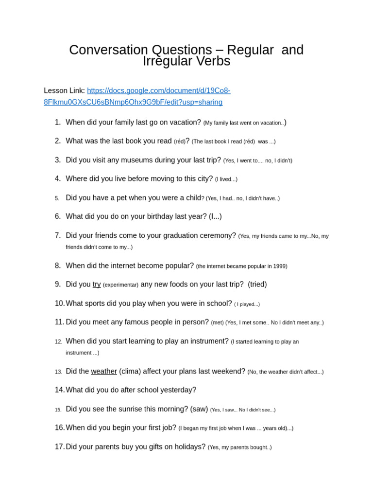 Conversation Questions on Verbs | PDF