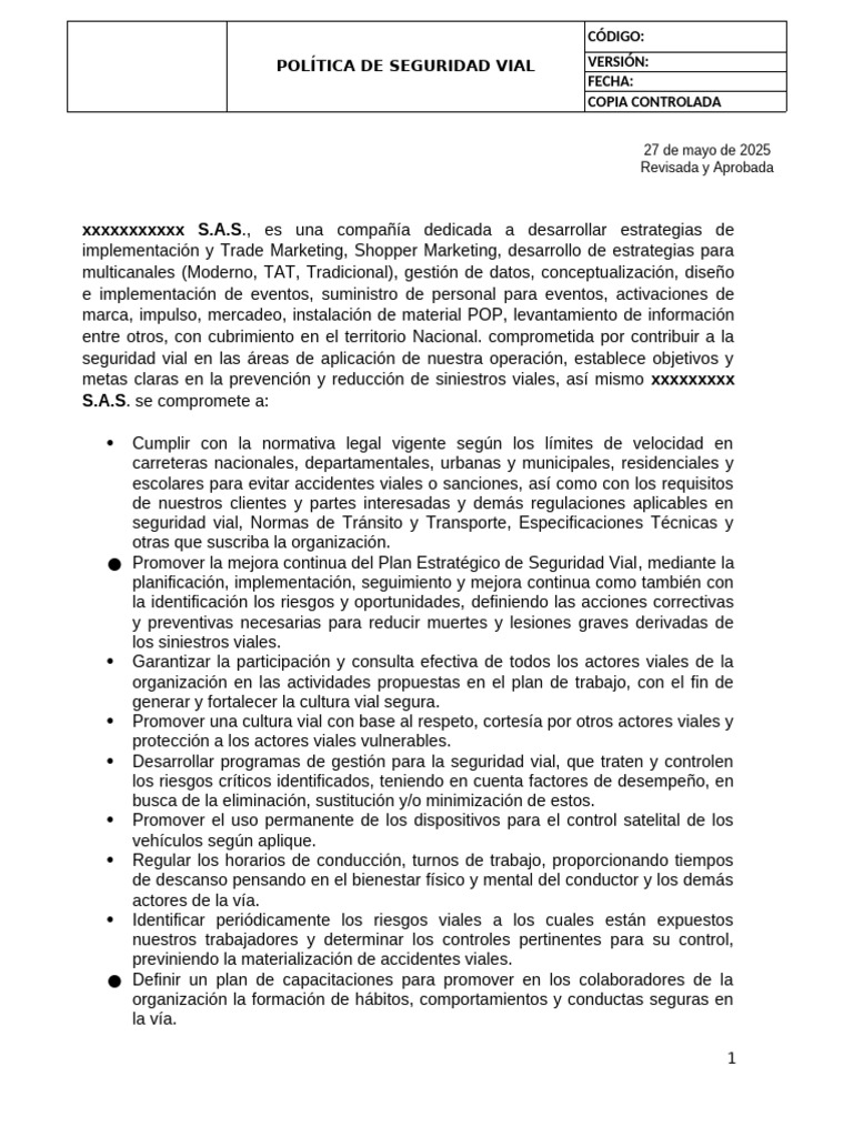 Mer-sst-pol-007 Politica de Seguridad Vial 2025 | PDF | Seguridad vial | Valores