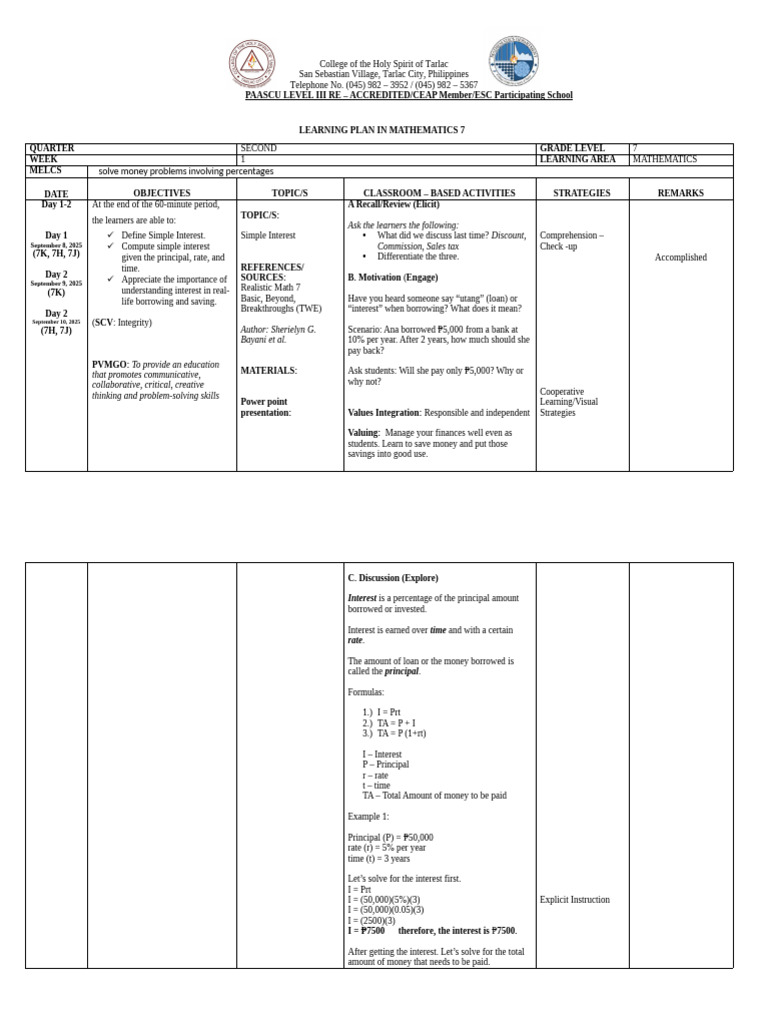 Math 7 Lesson Plan 8 (Quarter 2W1D1-2) (2) | PDF | Interest | Behavior ...